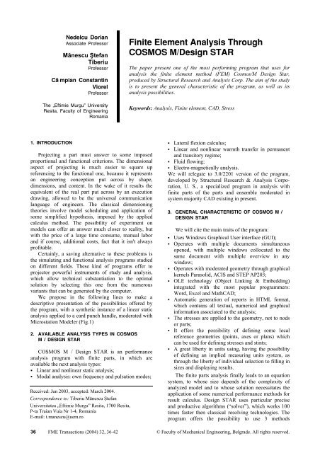 FINITE ELEMENT ANALISYS THROUGH COSMOS M / Design STAR