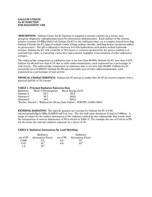 GALLIUM CITRATE Ga 67 INJECTION FOR DIAGNOSTIC USE ...