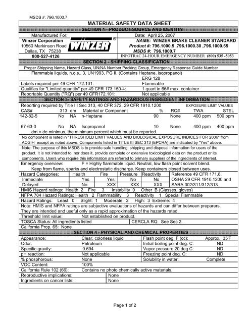 MSDS - Winzer Corporation