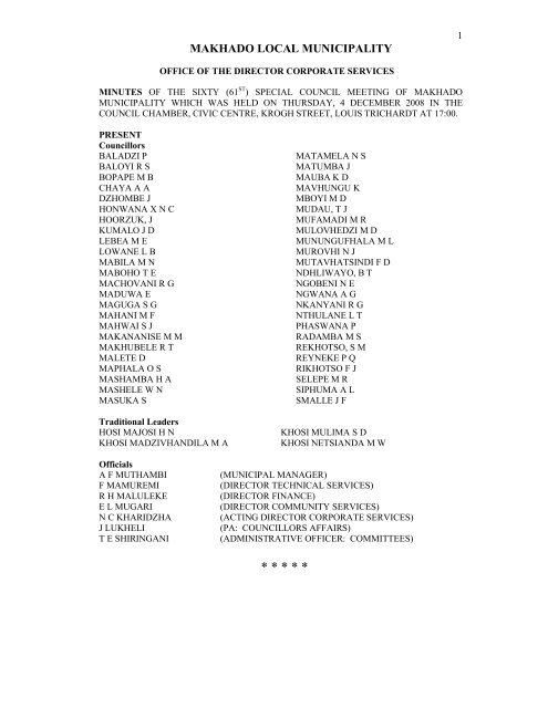 Page 1 1 MAKHADO LOCAL MUNICIPALITY OFFICE OF THE ...