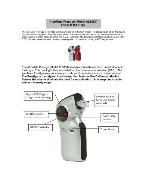 AlcoMate Prestige (Model AL6000) USER'S MANUAL - Breathalyzer