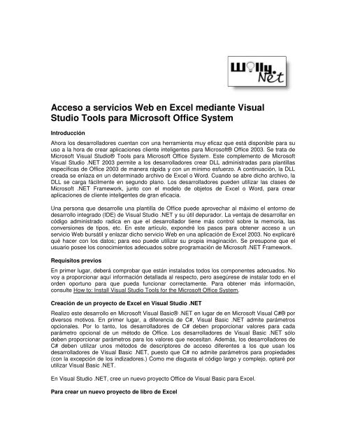 Acceso a servicios Web en Excel mediante Visual Studio ... - Willy .Net