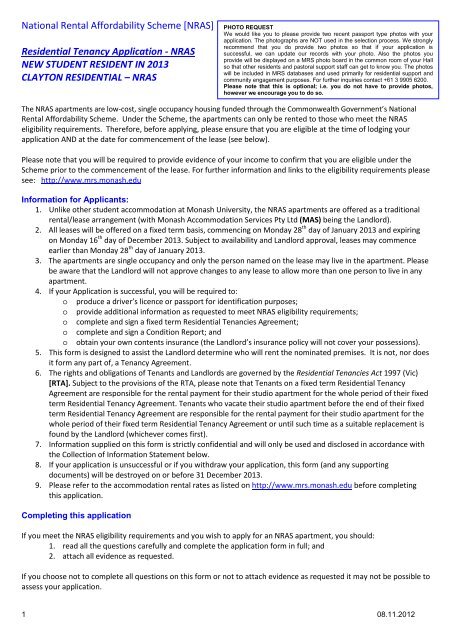 APPLICATION FORM FOR ADMISSION - Monash Residential ...