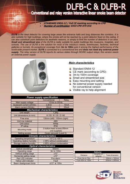 Main characteristics Standard EN54-12 CE mark (according to CPD ...