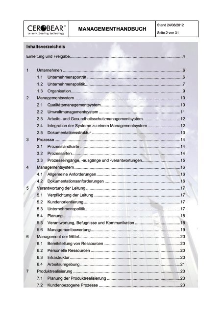 Inhaltsverzeichnis MANAGE