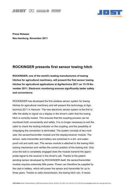 ROCKINGER presents first sensor towing hitch - Jost-Werke GmbH