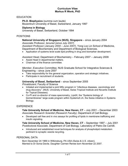 Curriculum Vitae Markus R Wenk, PhD EDUCATION Ph.D ...