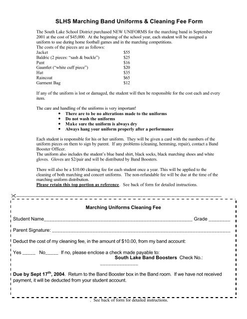 SLHS Marching Band Uniforms & Cleaning Fee Form - South Lake ...