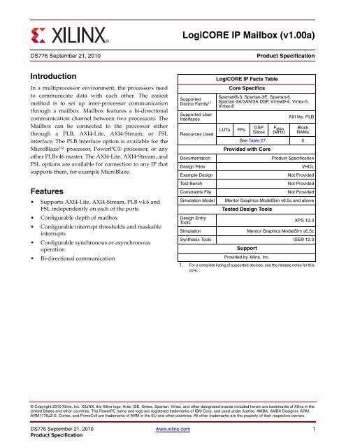 Xilinx DS776 LogiCORE IP Mailbox (v1.00a), Data Sheets