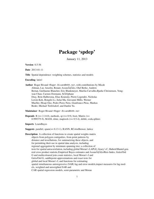Package 'spdep' - The Comprehensive R Archive Network