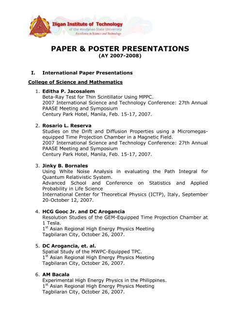 PAPER & POSTER PRESENTATIONS - Iligan Institute of Technology