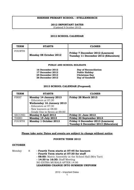Important dates 2012 - Term 4 - Rhenish Primary School