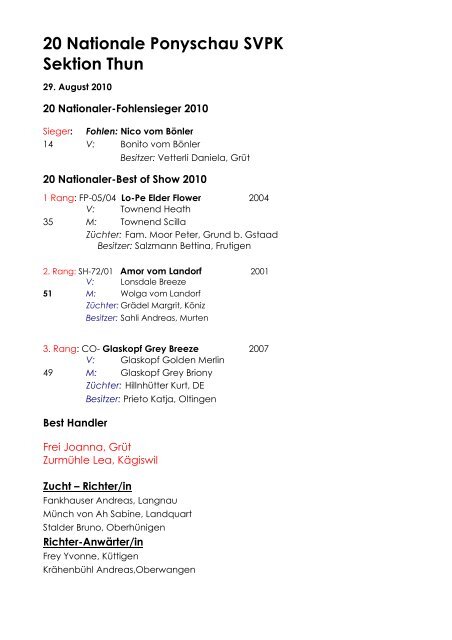 20 Nationale Ponyschau SVPK Sektion Thun