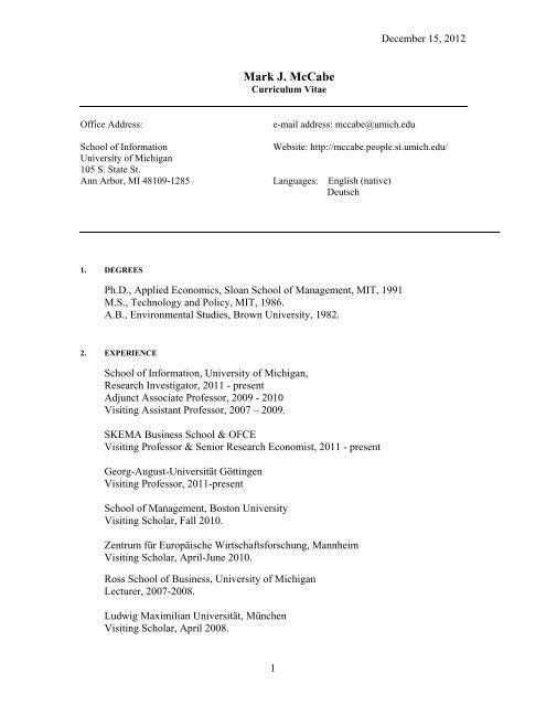 CV - Dr. Mark McCabe - University of Michigan