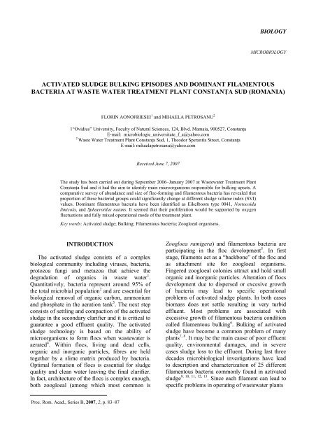 activated sludge bulking episodes and dominant filamentous