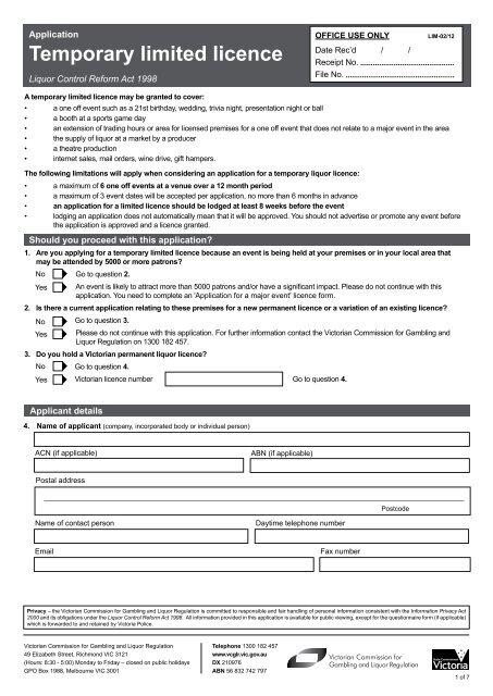 Temporary limited licence application form - VCGLR