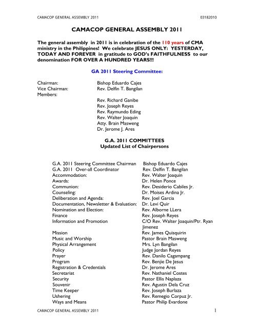 The general assembly 2011 is in celebration of the 110 ... - CAMACOP
