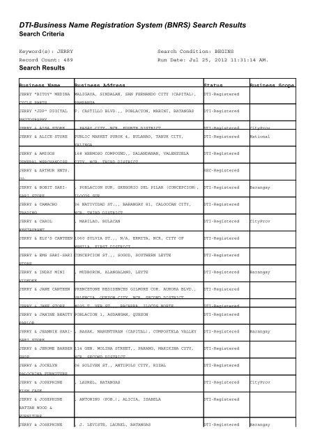 DTI-Business Name Registration System (BNRS) Search Results