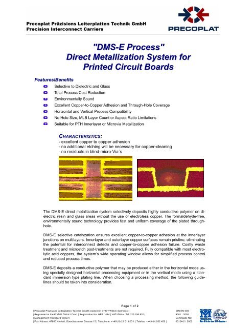 "DMS-E Process" Direct Metallization System for ... - Precoplat.com