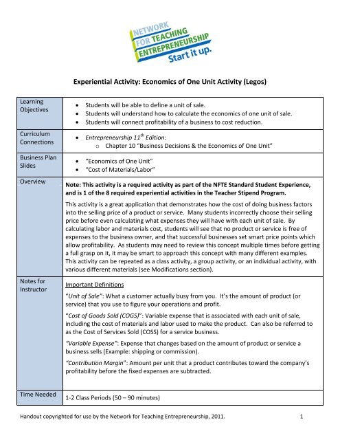 Economics of One Unit Activity (Legos) - The Teacher's ...