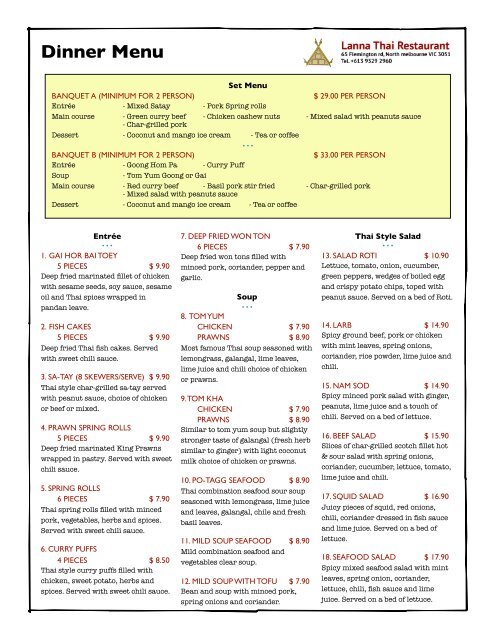 dinner menu - Lanna Thai