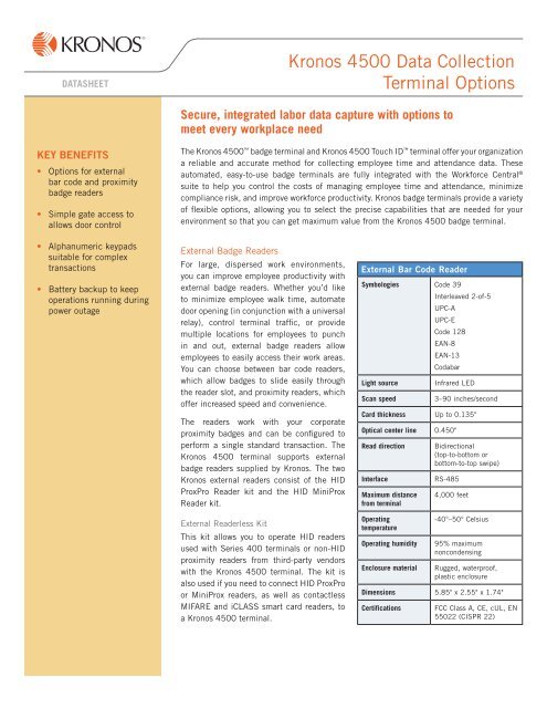 Kronos 4500 Data Collection Terminal Options Datasheet