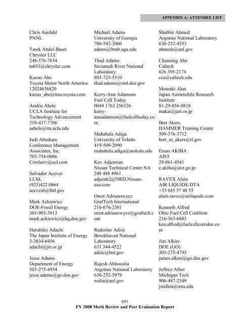 Appendix A: Attendee List - DOE Hydrogen Program - U.S.