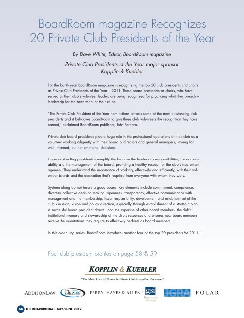20 Private Club Presidents of the Year - BoardRoom magazine