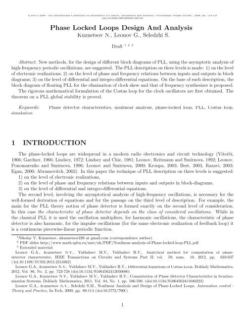 Phase Locked Loops Design And Analysis