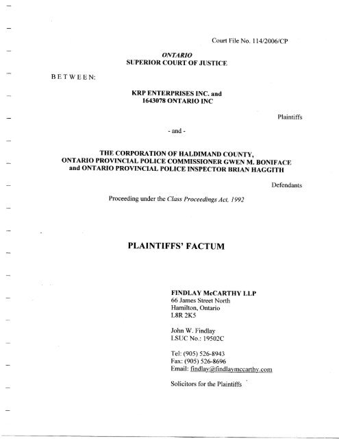 PLAINTIFFS' FACTUM - Caledonia Class Action