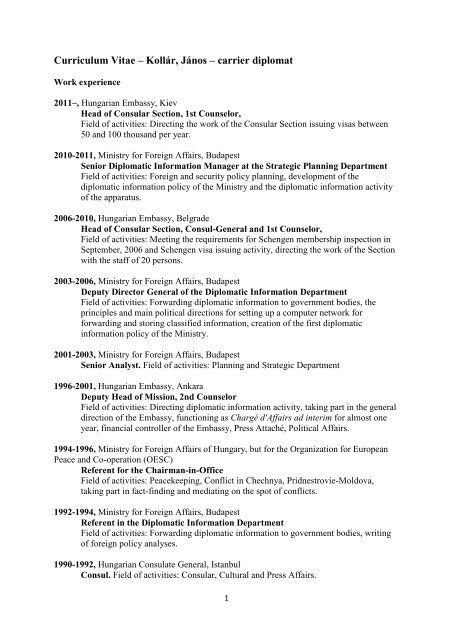 Curriculum Vitae – Kollár, János – carrier diplomat