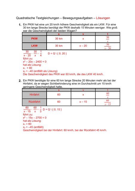 Quadratische Textgleichungen – Bewegungsaufgaben - Lösungen