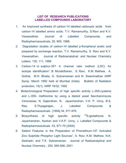 LIST OF RESEARCH PUBLICATIONS LABELLED COMPOUNDS ...