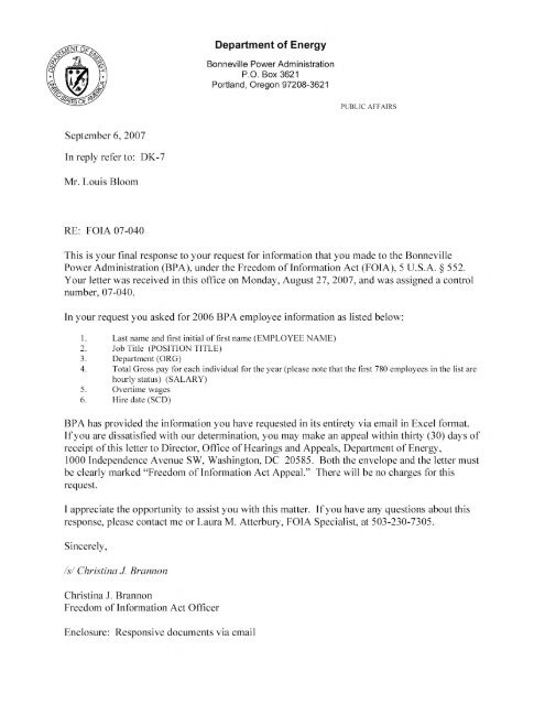 07 040 Foia Response Bonneville Power Administration