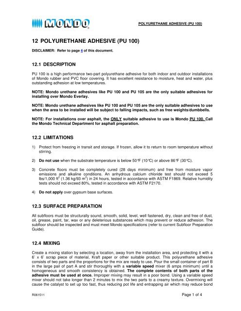 12 POLYURETHANE ADHESIVE (PU 100) - Kiefer Specialty Flooring