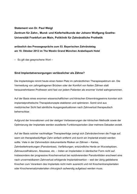 Statement von Dr. Paul Weigl Zentrum für Zahn-, Mund- und ...