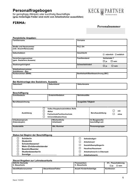 Personalerfassungbogen ELENA Aushilfen - Keck & Partner