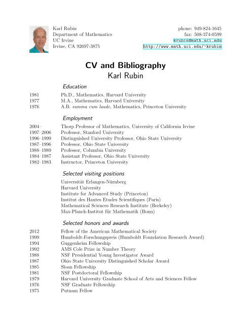CV and Bibliography Karl Rubin - Department of Mathematics ...