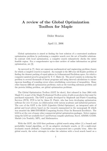 A review of the Global Optimization Toolbox for Maple - LAAS