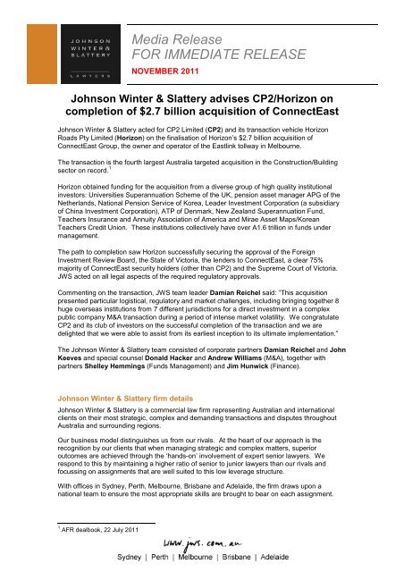 JWS advises CP2_Horizon on completion of ConnectEast ...