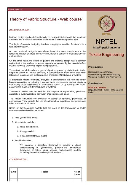 Theory of Fabric Structure - Web course Textile Engineering - NPTel