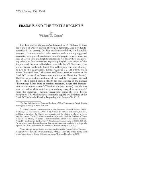 Erasmus and the Textus Receptus - Detroit Baptist Theological ...