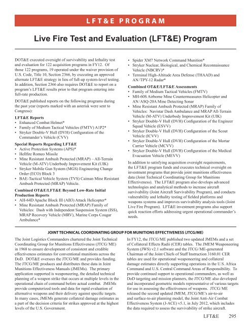 Live Fire Test and Evaluation (LFT&E) Program - DOT&E