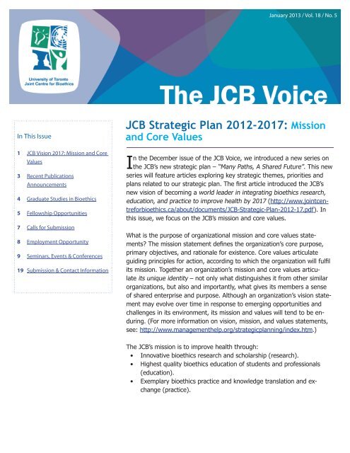JCB Strategic Plan 2012-2017: Mission - Joint Centre for Bioethics