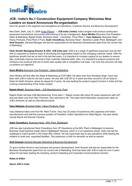 JCB - India's No.1 Construction Equipment Company ... - India PRwire