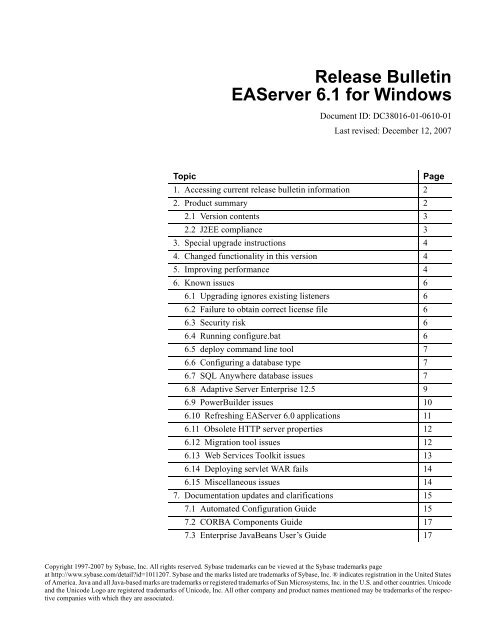 Release Bulletin EAServer 6.1 for Windows - Sybase