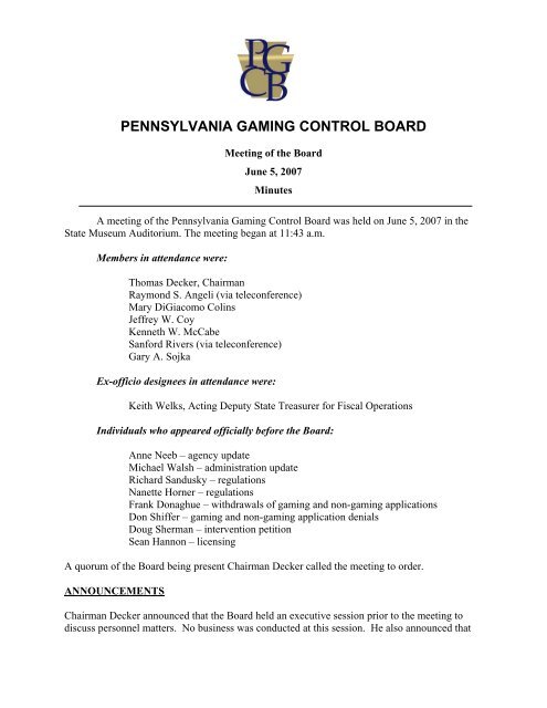 Minutes - Pennsylvania Gaming Control Board