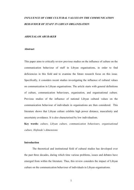 Influence of core cultural values on the communication - Research