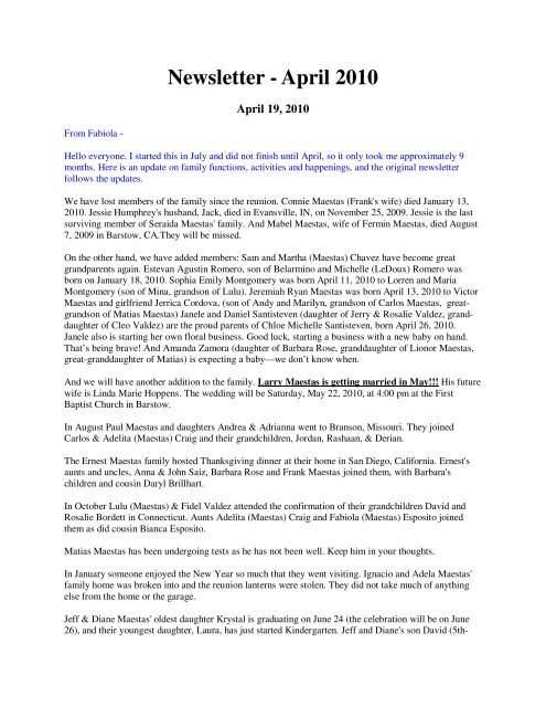 Newsletter - April 2010 - the Maestas Family Website