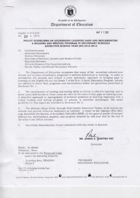 DepED Order No. 39 s. 2012 - Department of Education, Region IV ...